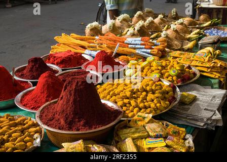 Turmeric kumkum and other pooja puja things in a shop infront of ...