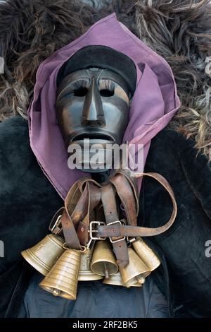 Italy, Sardinia, Mamoiada. The bells and mask of a Mamuthone, a ...