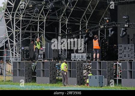 Setting up a large stage at Womad festival, UK Stock Photo - Alamy