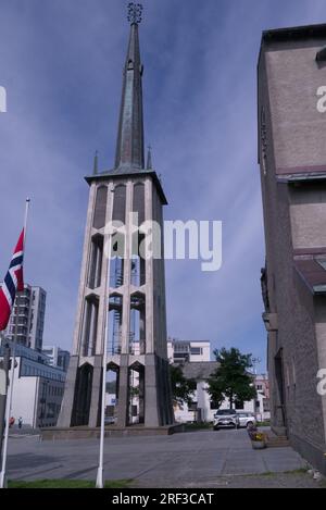 The clock tower of Bodø cathedral (1956) in the municipality of Bodø in ...