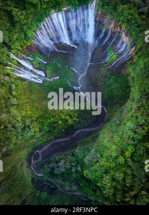 Aerial view of Panorama Tumpak Sewu Waterfalls also known as Coban Sewu ...