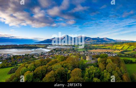 Autumn aerial at Dundrum castle looking at Dundrum Bay, County Down ...