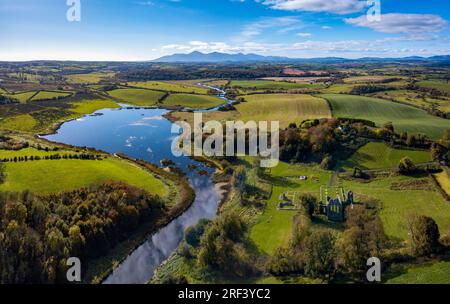 Aerial of Inch Abbey, River Quoile, Downpatrick, County Down, Northern ...