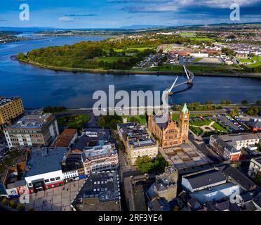 Aerial of Derry City, Lough Foyle, County Londonderry, Northern Ireland ...