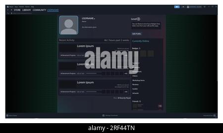 Steam interface. Video games store. Start window, Home, library ...