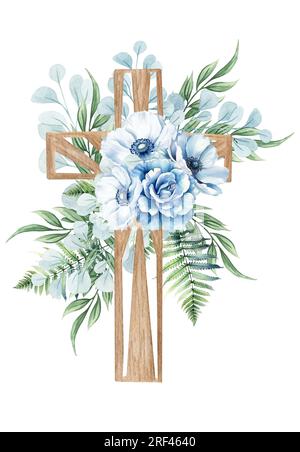Floral cross. Wooden cross with blue flowers, fern, eucalyptus twigs ...