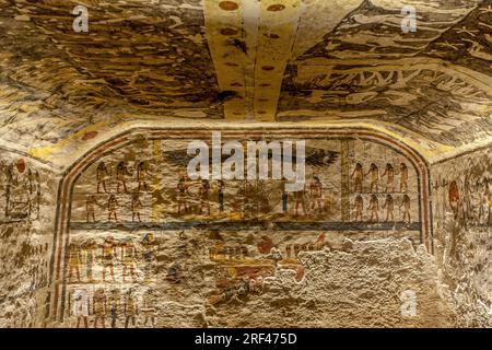 Burial chamber of Ramesses IX, the vaulted ceiling depicting a double ...