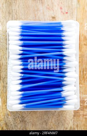sticks of plastic with cotton tips for hygiene procedures, close up of ...