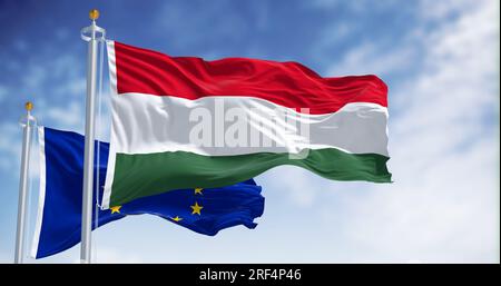 The flags of Hungary and the European Union fluttering together on a ...