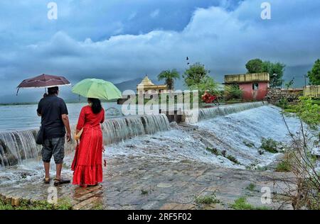 Ajner, Rajasthan, India. 11th July, 2023. Flooded Foy Sagar lake ...
