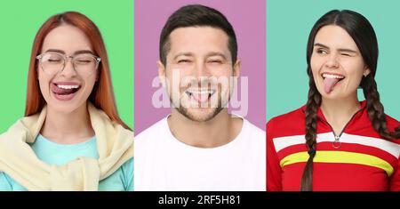 Collage with photos of people showing their tongues on different color ...