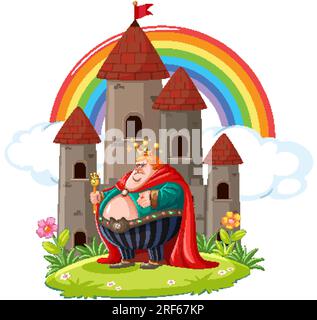 A fat, grumpy king cartoon stands in front of a castle in a vector ...