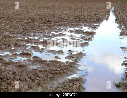 Ploughed field furrows filled with rainwater Stock Photo - Alamy