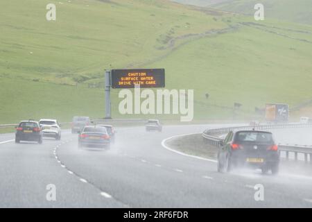 Caution Surface Water motorway sign, UK Stock Photo - Alamy