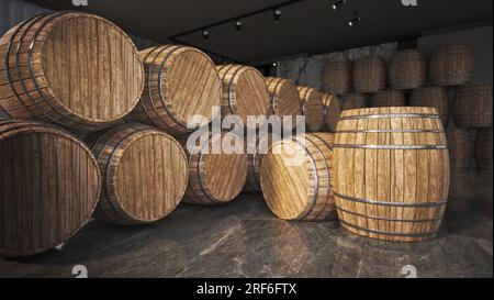 Wooden barrels inside a cellar for aging red wine, after the harvest ...