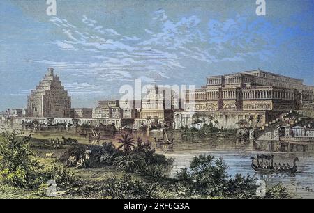 Assyrian royal palace at Nineveh. Reconstruction of Layard, 1899 Stock ...