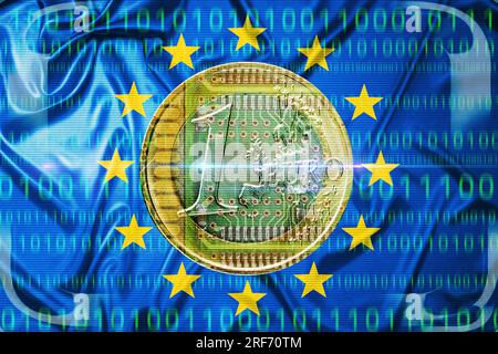 FOTOMONTAGE, Ein-Euro-Münze auf Europa-Fahne mit Computerplatine und ...