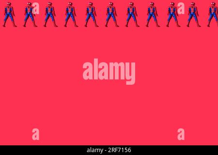 Pattern of Marvel and Sony spiderman dolls on a red background. Comic ...