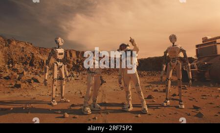 Two astronauts in spacesuits talk, stand on Mars surface with robots. AI powered rover in the ...
