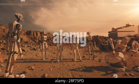 Two astronauts in spacesuits talk, stand on Mars surface with robots. AI powered rover in the ...