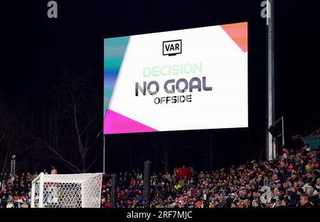 A big screen signals No Goal after a VAR check on a goal by England's ...
