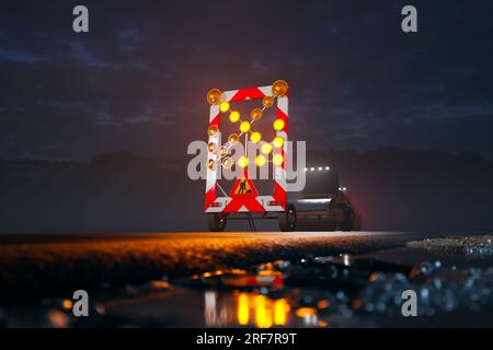 Road Work Sign with Arrow, Flashing Lights, and Road Roller in ...