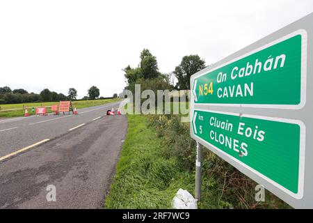 Road closure signs on the N54 outside Clones, Co. Monaghan. Two teenage ...