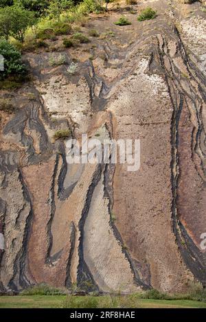 Colorful vertical strata composed by red sandstone and black lutites ...