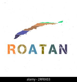 Roatan map. Map of the island with beautiful geometric waves in red and ...
