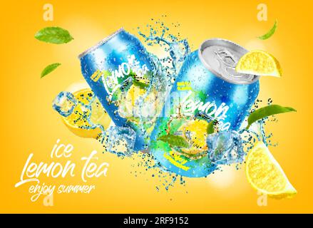 Lemon drink can with crystal ice cubes, ice lemon tea beverage, vector ...