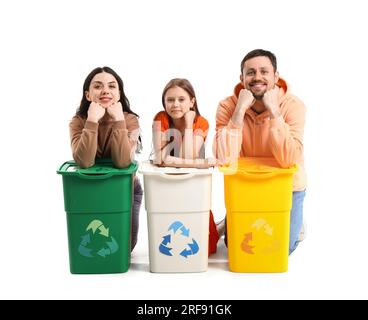 Family with recycle bins on white background Stock Photo - Alamy