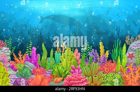 Underwater game landscape with whale silhouettes, corals and algae ...