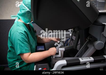 Hysterectomy in the operating room with a robot, view of the surgeon ...