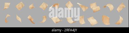 Realistic animation set of craft paper sheet falling down isolated on ...