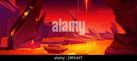 Lava cave background with rock and flowing liquid lava. Vector picture ...