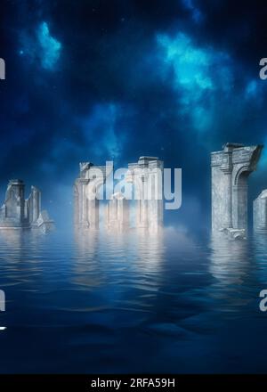 Fantasy seascape with drowned ancient ruins, 3D Illustration Stock ...