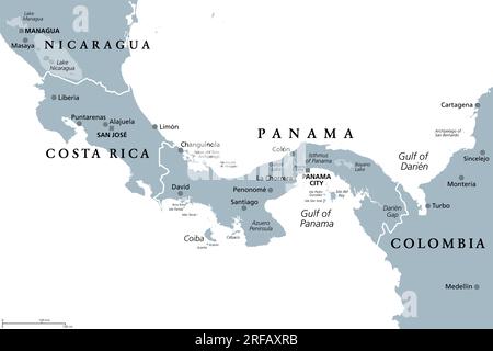 Panama Canal, gray political map. Artificial waterway in Panama ...