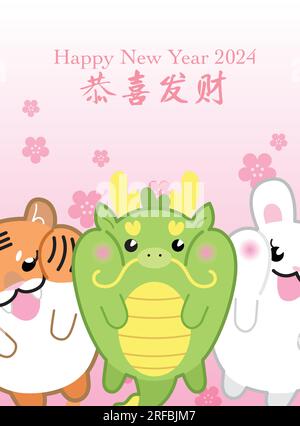 Year of dragon zodiac animals greetings card. Cute dragon, bunny and ...