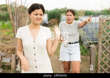 Farm neighbors quarrel over farm backyard in day Stock Photo - Alamy