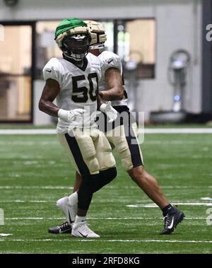 New Orleans Saints linebacker Andrew Dowell (50) walks off the field ...