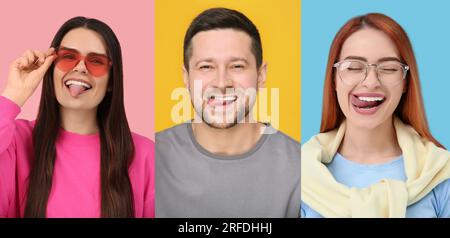 Collage with photos of people showing their tongues on different color ...
