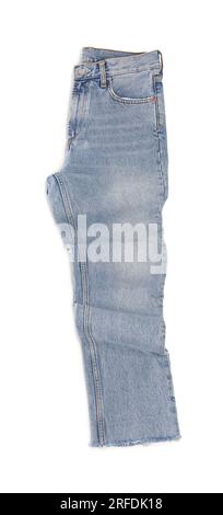 Rumpled light blue jeans isolated on white, top view. Stylish clothes ...