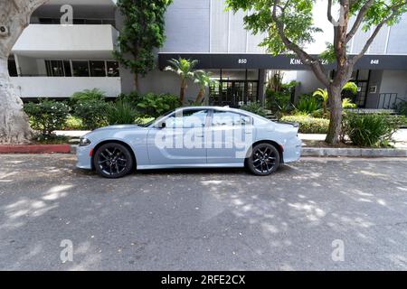 front view Grey gray Dodge Charger muscle sports car in street in los ...