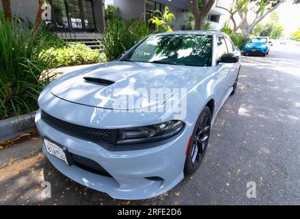 front view Grey gray Dodge Charger muscle sports car in street in los ...