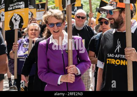 Mary Kay Henry joined strike workers of WGA and SAG-AFTRA in front of ...