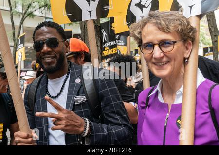 Mary Kay Henry joined strike workers of WGA and SAG-AFTRA in front of ...