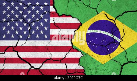 Flags of Brazil and USA on cracked surface - politics, relationship ...
