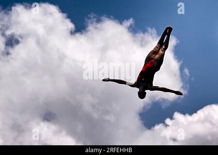Molly Carlson of Canada competes in the High Diving 20m women during ...