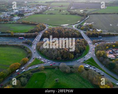 Aerial view of M53 J4 Clatterbridge Interchange roundabout at night ...