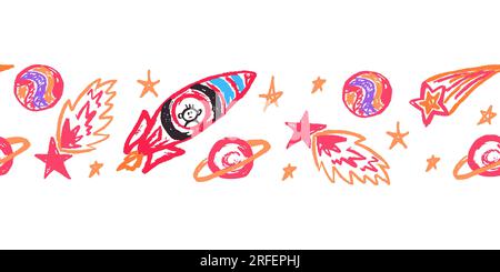 Spaceship rocket seamless vector border. Rocket ship repeating ...